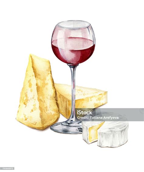 레드 와인과 와인 잔 이탈리아 및 프랑스 치즈 브리 카망베르 및 파마산 치즈 이탈리아 국기 배경 그림 절연 흰색 배경 수채화 음식 구성 일러스트레이션에 대한 스톡 벡터 아트
