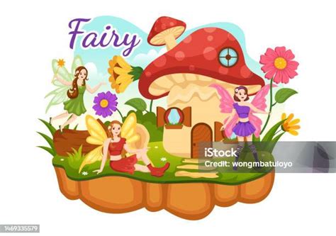 엘프 풍경 나무 푸른 잔디가 있는 아름다운 비행 요정 그림 웹 배너 또는 랜딩 페이지 템플릿을 위해 그린 평평한 만화 요정 가공의 인물에 대한 스톡 벡터 아트 및 기타