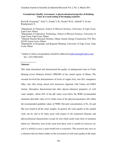 Pdf Groundwater Quality Assessment A Physicochemical Properties Of Drinking Water In A Rural