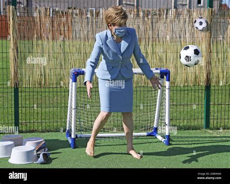 First Minister Nicola Sturgeon Plays Football During A Visit To The Fallin Nursery In Fallin