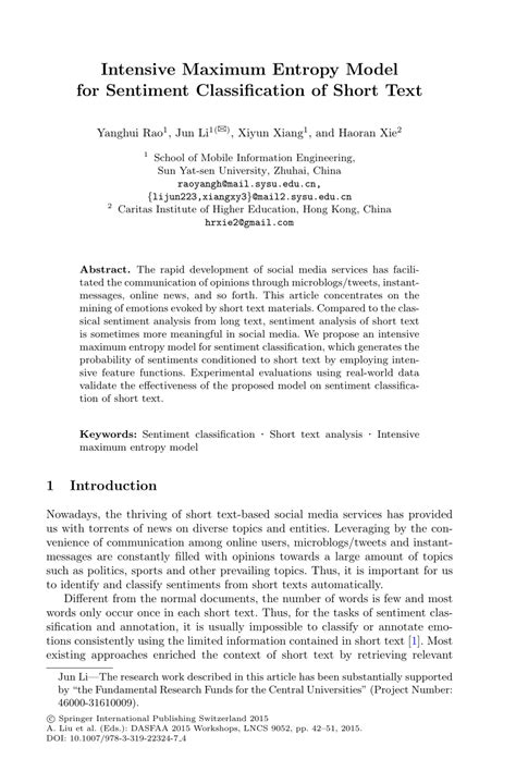 Pdf Intensive Maximum Entropy Model For Sentiment Classification Of Short Text