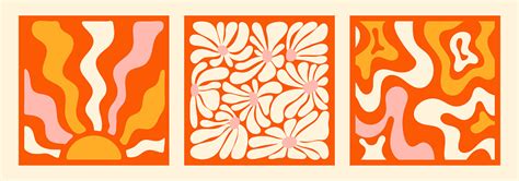 히피 재미있는 선물 카드 제곱 템플릿 세트입니다 복고풍 꽃 전원 배경입니다 빈티지 1970년대 꽃무늬 사각형 포스터 1960년대