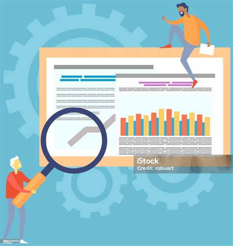 돋보기를 가진 남성 사무실 노동자는 그래프와 차트와 프리젠 테이션에 지수를 분석 개념에 대한 스톡 벡터 아트 및 기타 이미지