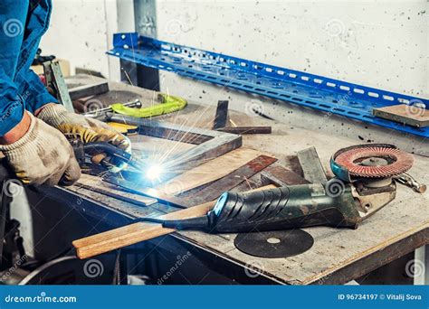 Close Up An Adult Man Welds Stock Image Image Of Laborer Spark 96734197