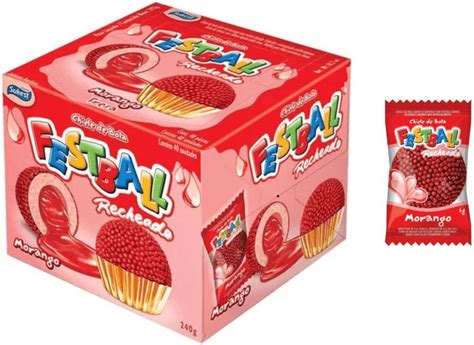 Chicle Bola Festball Recheado Morango 240g Sukest Doces Vaz