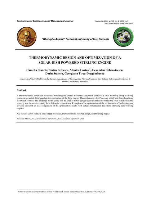 Pdf Thermodynamic Design And Optimization Of A Solar Dish Powered Stirling Engine