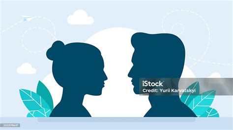 남자와 여자가 얼굴을 맞대고 실루엣을 그립니다 두 사람의 단순한 실루엣 또는 아이콘 여성과 남성이 서로 마주보고 있습니다 관계 대화 젠더 벡터 일러스트 레이 션 2명에 대한