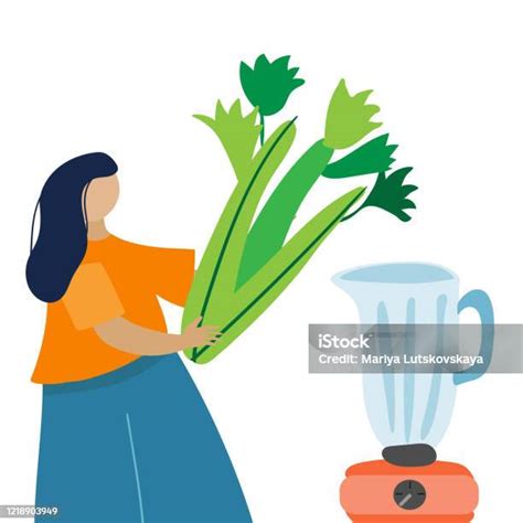 여자는 믹서기에 해독 음료를 만들기위한 셀러리를 들고있다 흰색 배경에 격리 된 손으로 그린 평면 만화 벡터 그림 건강 한 라이프 스타일 아침 에너지 아침 영양 개념 과즙기에