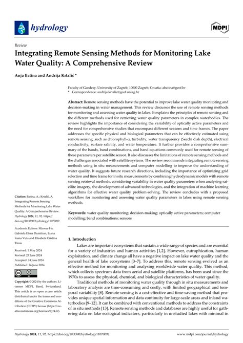 Pdf Integrating Remote Sensing Methods For Monitoring Lake Water Quality A Comprehensive Review