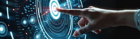 Hand Touching Futuristic Digital Interface Screen With Blue Holographic