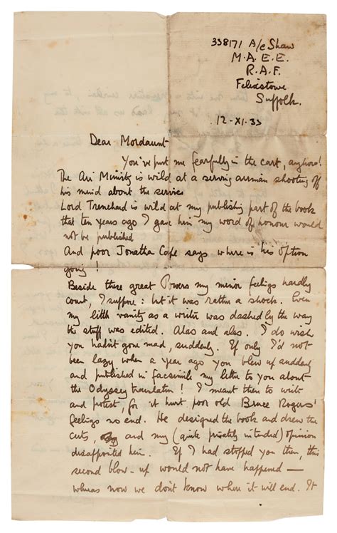 Te Lawrence Autograph Letter Signed Te Shaw To Mordaunt 1933