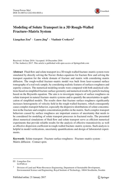 Pdf Modeling Of Solute Transport In A 3d Rough Walled Fracturematrix