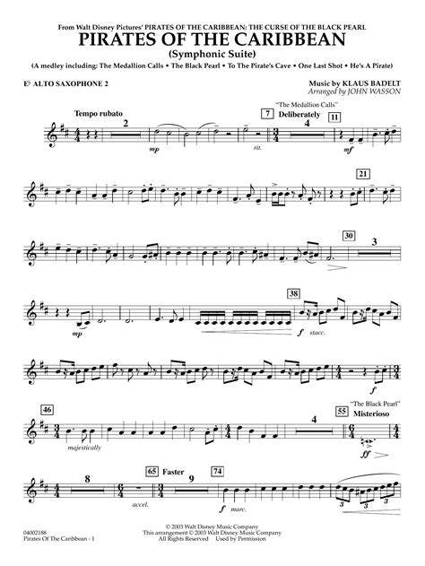 Pirates Of The Caribbean Symphonic Suite Arr John Wasson Eb Alto Saxophone 2 By Klaus