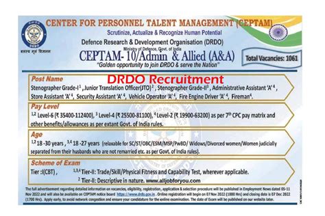 Drdo Ceptam 10 Aanda Recruitment 2022 1061 Various Posts Apply Online Tnpsc Thervu Thunaivan