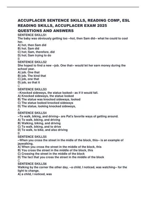 Accuplacer Sentence Skills Reading Comp Esl Reading Skills Accuplacer Exam 2025 Questions And