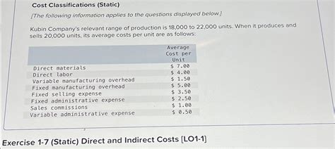 Cost Classifications Static The Following