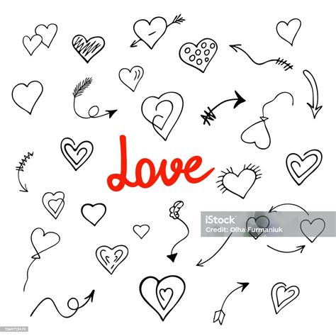 발렌타인 데이를 위해 설정 된 하트와 화살표 축제 휴일 장식 낭만적 인 관계와 감정의 상징 0명에 대한 스톡 벡터 아트 및 기타