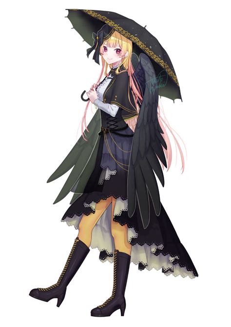 Safebooru 1girl Black Wings Blonde Hair Blush Boots Bow Capelet