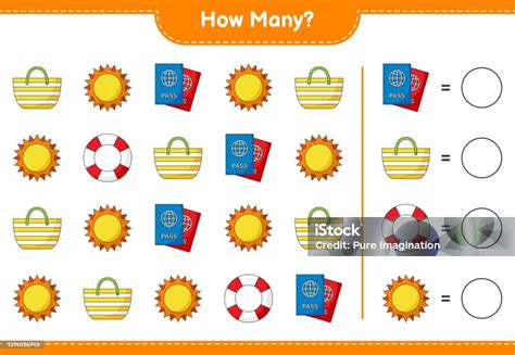 계산 게임 얼마나 많은 Life Buoy 태양 비치 가방 그리고 여권 교육 어린이 게임 인쇄 워크 시트 벡터 일러스트레이션 0명에 대한 스톡 벡터 아트 및 기타 이미지
