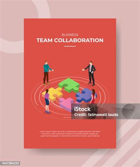 팀 협업 개념 사람들은 아이소메트릭 스타일의 잡지 표지와 포스터를 인쇄하기 위한 배너 및 전단지의 템플릿에 대한 퍼즐 주위의 사람들 팀 빌딩에 대한 스톡 벡터 아트 및 기타