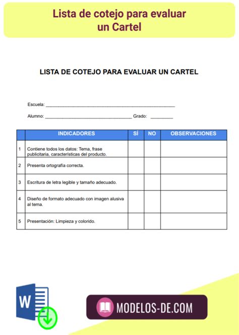 Lista De Cotejo Para Evaluar Un Cartel En Word Gratis