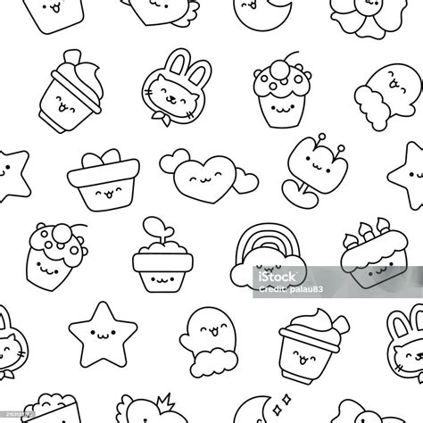 만화 귀여운 행복한 카와이 캐릭터 원활한 패턴 색칠 공부 페이지 생활방식 손으로 그린 스타일입니다 벡터 그리기 장식품을 디자인하십시오 가공의 인물에 대한 스톡 벡터 아트 및