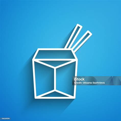 흰색 줄 아시아 국수는 종이 상자와 파란색 배경에 고립 젓가락 아이콘 길거리 패스트푸드 한국어 일본어 중국 음식 긴 그림자 벡터 0명에 대한 스톡 벡터 아트 및 기타 이미지