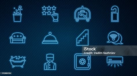 세트 라인 에어컨 Wifi 무선 인터넷 호텔 수하물 카트 음식 트레이 소파 병 샴페인 계단 및 별 등급 아이콘으로 덮여 있습니다 벡터 1위에 대한 스톡 벡터 아트 및 기타