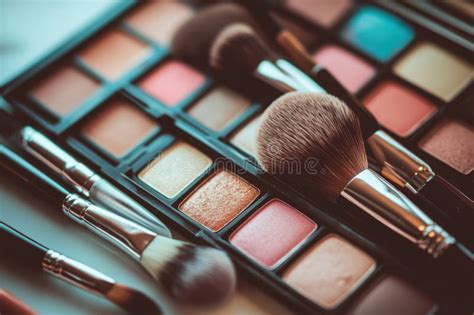 Close Up Of Assorted Makeup Palettes And Brushes Arranged On A Stylish