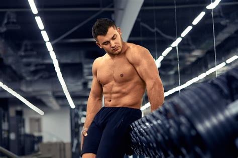 덤 벨 랙 근처 체육관에서 근육 질의 보디입니다 강한 운동 남자 몸 복 부 근육 가슴 근육 팔 뚝 삼각 근을 보여줍니다 운동 해