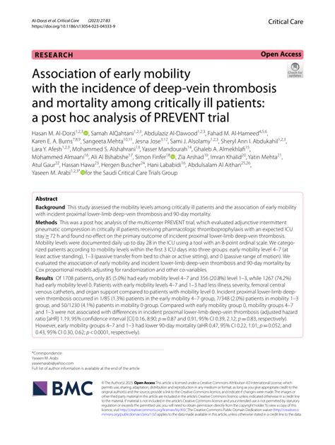 Pdf Association Of Early Mobility With The Incidence Of Deep Vein Thrombosis And Mortality