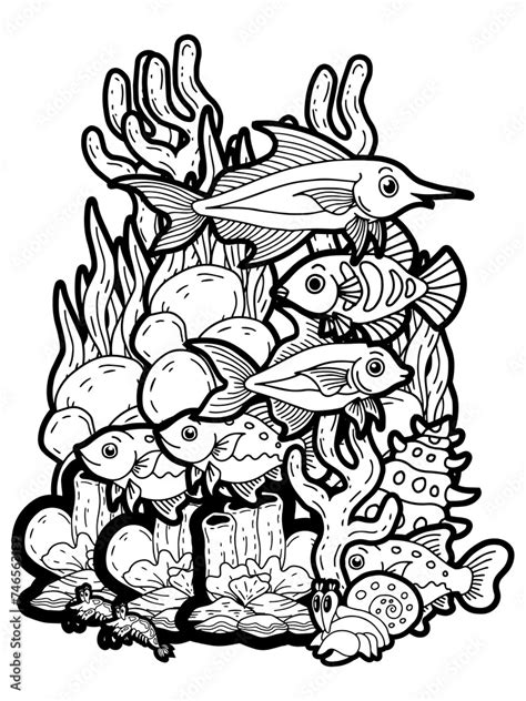 Design Coloring Page Ocean Coral Fish Doodle Stock Vector Adobe Stock