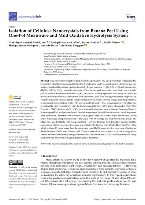 Pdf Isolation Of Cellulose Nanocrystals From Banana Peel Using One Pot Microwave And Mild