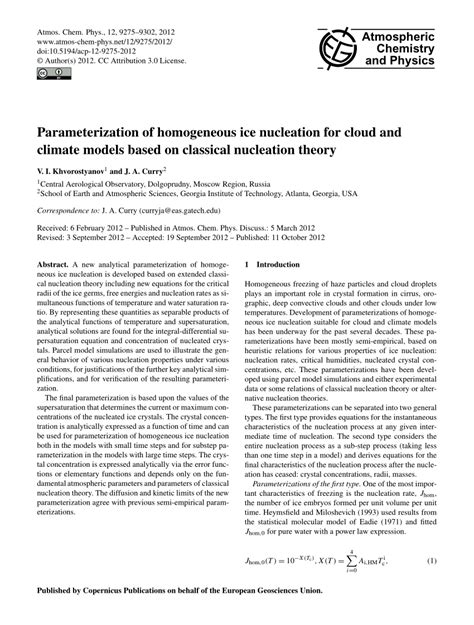 Pdf Parameterization Of Homogeneous Ice Nucleation For Cloud And Climate Models Based On