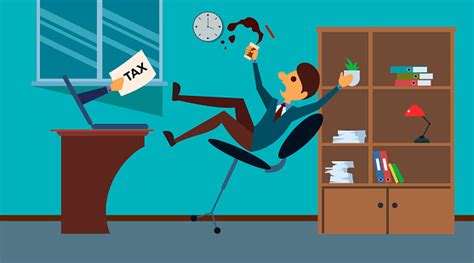 무서운 사업가 때문에 세금 계산서와 자신의 컴퓨터의 내부에서 손의 안락 의자에서 떨어지고있다 플랫 스타일 벡터 플랫