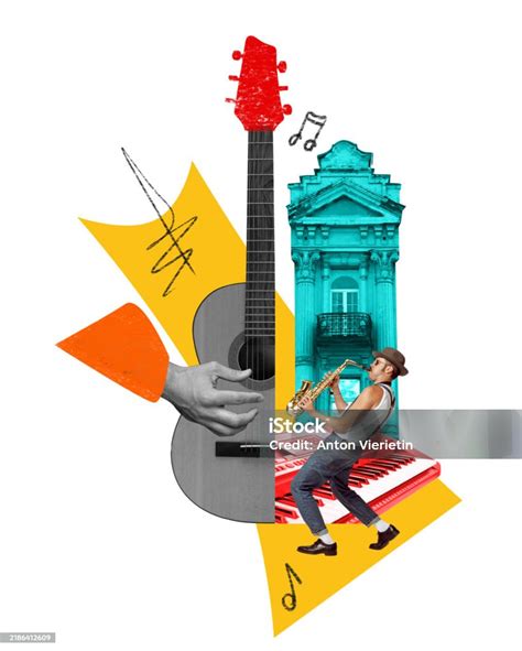포스터 현대 미술 콜라주 기타 색소폰 연주자 클래식 건물이 추상적인 형태와 다채로운 키보드로 얽혀 재즈와 창의성을 기념합니다 합성 이미지에 대한 스톡 사진 및 기타 이미지