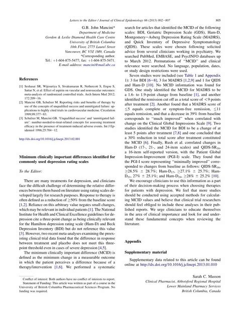 Pdf Minimum Clinically Important Differences Identified For Commonly Used Depression Rating