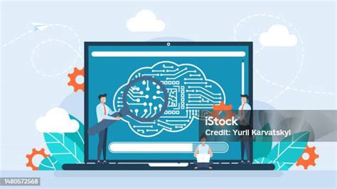 노트북을 가진 프로그래머 Ai 신경망이 있는 뇌 인공지능 디지털 회로가있는 뇌 기계 학습 디지털 두뇌 인공 사고 프로세스 개념 벡터 그림 인공지능에 대한 스톡 벡터 아트 및