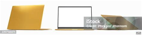 황금 노트북의 3d 이미지 흰색 배경에 고립 된 다른 각도에서 앞면과 뒷면보기 빈 화면 디스플레이가 있는 사실적인 노트북 골드 컬러 모형 3d 벡터 일러스트 레이 션 3차원