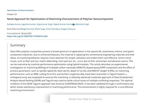 Pdf Novel Approach For Optimization Of Machining Characteristics Of Polymer Nanocomposites