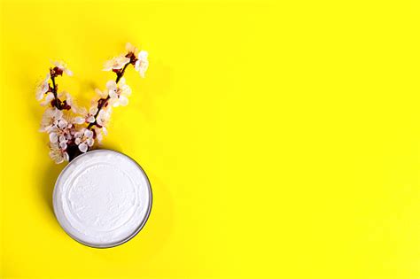 밝은 노란색 배경에 분홍색 꽃과 항아리와 꽃 나무의 나뭇 가지에 화장품 크림 천연 크림을 가진 스킨 케어 컨셉 맨 위 보기 플랫 레이 공간을 복사합니다 건강관리와 의술에