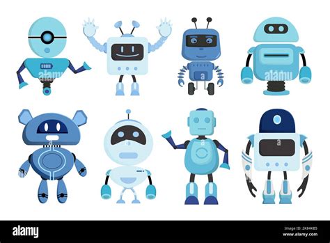 Robots Character Vector Set Design Robotic Cartoon Characters Standing In White Background With