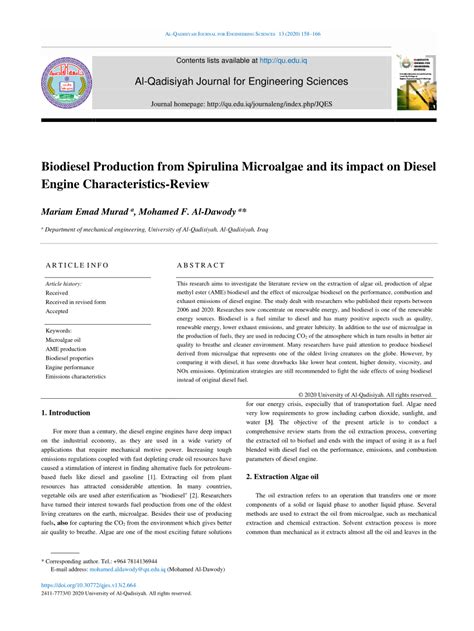 Pdf Biodiesel Production Form Spirulina Microalgae And Its Impact On Diesel Engine