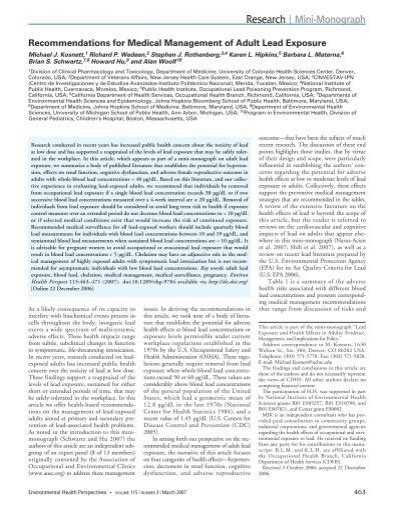 Recommendations For Medical Management Of Adult Lead Exposure