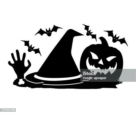 죽은 남자의 손 마녀 모자 브러시에 잭 랜턴 즐거운 할로윈 보내세요 개념 레이블 배너 예술 아이콘 검정 단순 벡터 일러스트레이션 10월에 대한 스톡 벡터 아트 및 기타