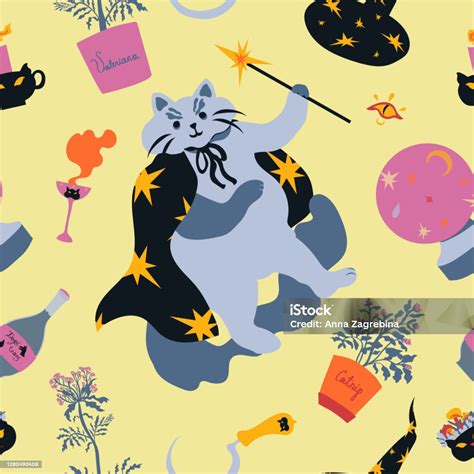 귀여운 할로윈 벡터 원활한 패턴 마법사 고양이와 밝은 노란색 배경에 그의 마법 아이템 10월에 대한 스톡 벡터 아트 및 기타 이미지 10월 가공의 인물 가을 Istock