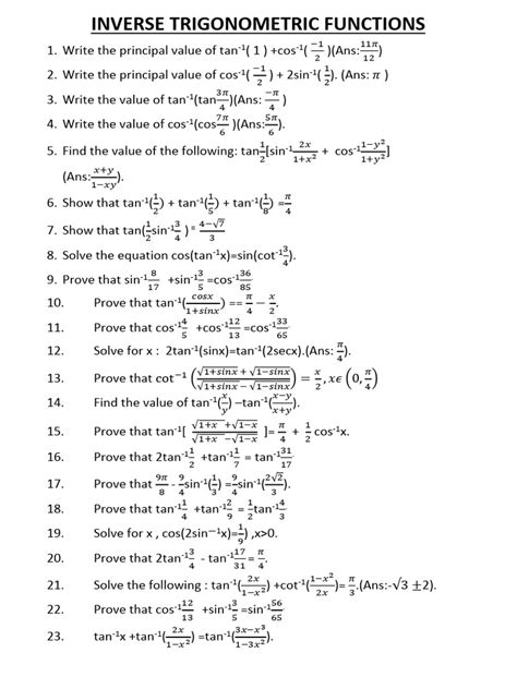 worksheet inverse trigonometric functions pdf trigonometric