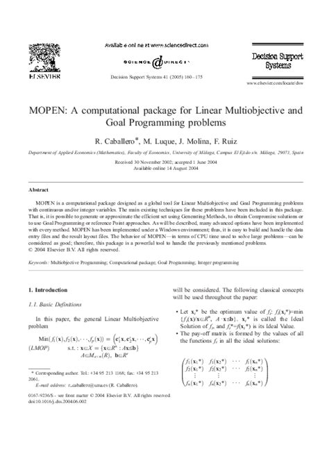 Pdf Mopen A Computational Package For Linear Multiobjective And Goal