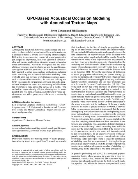 Pdf Gpu Based Acoustical Occlusion Modeling With Acoustical Texture Maps