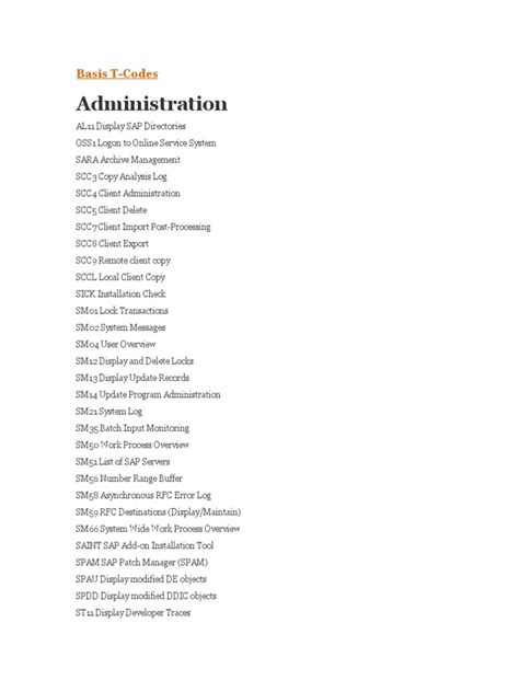 An Overview Of Common Sap Basis T Codes Organized By Functional Area For System Administration